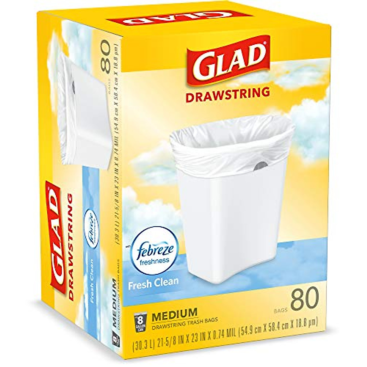 Glad Trash & Food Storage Medium Kitchen Drawstring Trash Bags 8 Gallon White Trash Bag, Fresh Clean Scent, 80 Count (Package May Vary)