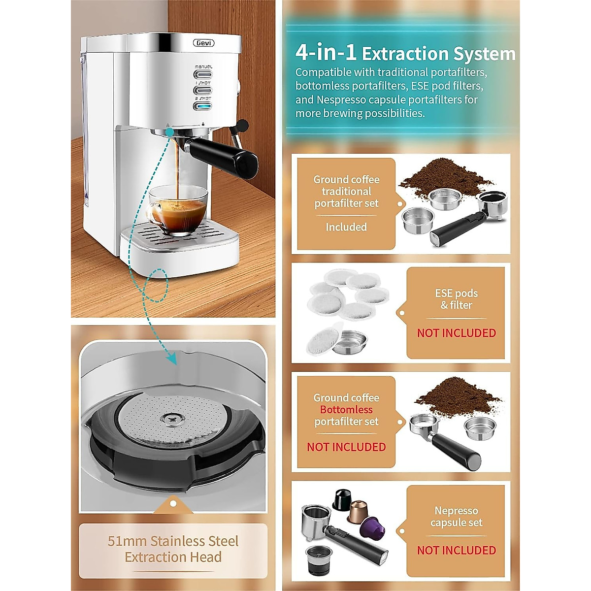 Gevi Coffee Servers 20 Bar High Pressure Espresso Machines, Expresso Coffee Machine with Milk Frother for Espresso, Latte Macchiato, Cuppuccino,1.2L Water Tank, 1350W