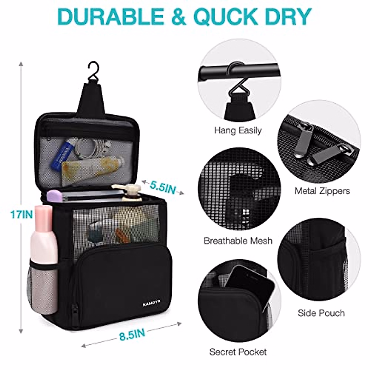 hatisan Portable Shower Caddy Dorm Room Essentials, Shower Caddy College Hanging Mesh Shower Caddy Bathroom Caddy, Shower Bag for College Shower Caddy Tote Traveling Gym Camping (Black)