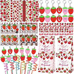 Strawberry Party Favor 72 PCS Sweet Berry Slap Bracelets DIY Stickers Temporary Tattoos Keychain Plastic Straws Gift Bags for Kids Girls Birthday Party Baby Shower Summer Fruit Goodie Bag Fillers