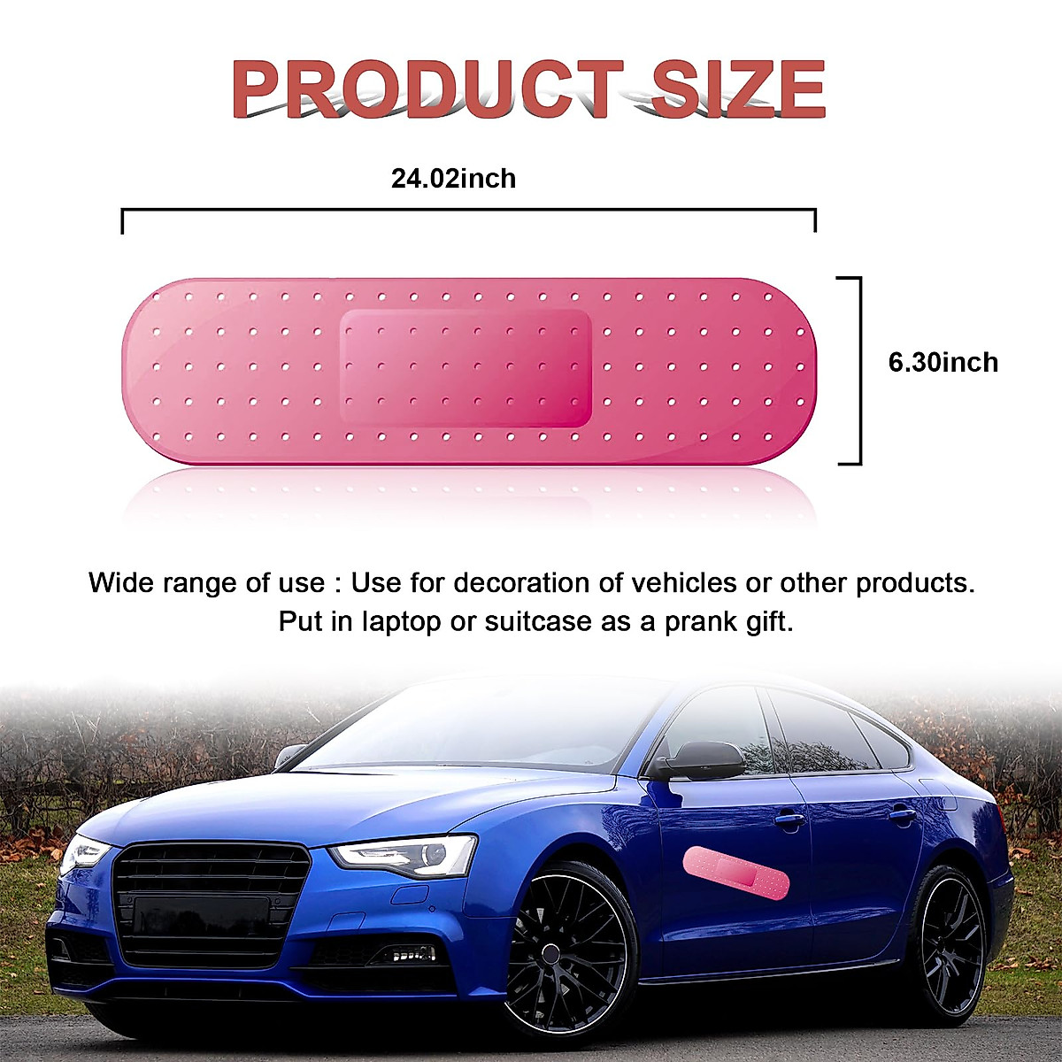 Kewucn Large Funny Bandage Vinyl Decal, 24" x 6.3" Vehicle Giant Band Aid Bandage Dent Bump Cover, Dent and Scratch Cover Sticker, Bandage Bumper Sticker for Car Truck SUV RV Boat Window (Large-Red)