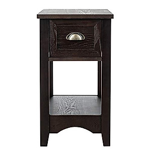 KOTEK End Table with Drawer and Open Shelf, Retro Narrow Side Table Nightstand w/Solid Wood Legs, Slim End Table for Small Space, Living Room, Bedroom, Home Office (Set of 2, Espresso)