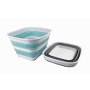 SAMMART 15L (3.9 gallons) Collapsible Plastic Washing Tub - Foldable Washtub - Portable Washing Basin - Space Saving Easy Storage (Lake Green+Grey (Set of 2))