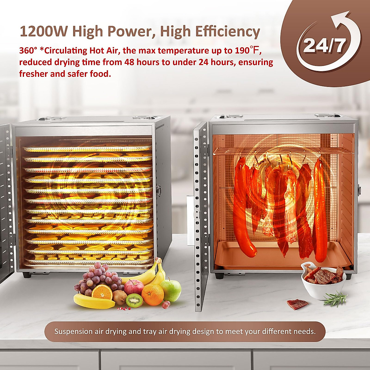 Ausegia Commercial Large 12 Trays Food Dehydrator, Usable Area up to 22.67ft², 1200W Full Stainless Steel Dryer Machine, up to 190℉ Temperature, for Meat, Fruit, Beef, Herbs, and Pet Food