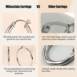 MILACOLATO S925 Sterling Silver Hoop Earrings 14K Real Gold Plated Hoops 3mm Chunky Large Big Hoop Earrings Hypoallergenic Lightweight Earrings for Women 15/20/30/40/50/60/70mm S 50mm