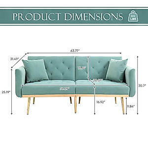 Convertible Velvet Futon Sofa Bed, Upholstered Loveseat Sleeper Couch with 3 Reclining Angles and 2 Pillows, Modern Living Room Sofa Couch with 5 Solid Metal Legs for Guest Room, Office, Mint Green