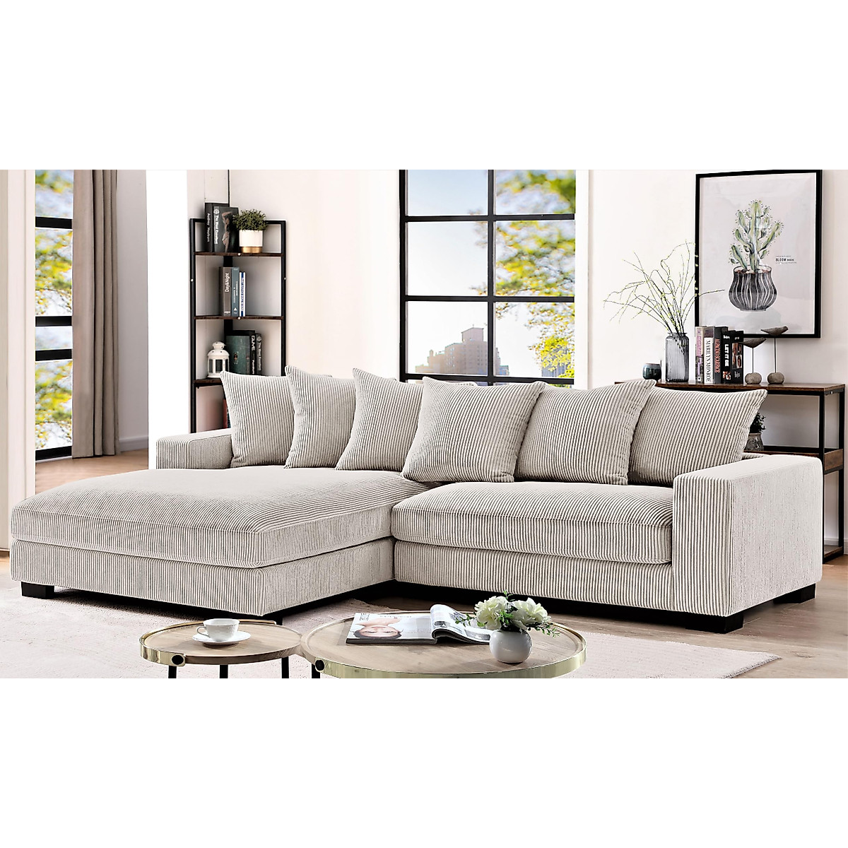 Container Furniture Direct Luxe Oversized Two-Piece Sectional Couches for Living Room, 102.4-Inch L Shaped Sofa with Chaise, Upholstered with Corduroy Fabric, Ivory - Left Facing