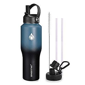 SENDESTAR Water Bottle 32oz,2 Lids(Straw lid),Wide Mouth Stainless Steel Vacuum Insulated Double Wall Keep Liquids Cold or Hot All Day,Sweat Proof Sport Design,Fit Car Cup Holder(Dark blue&Balck)