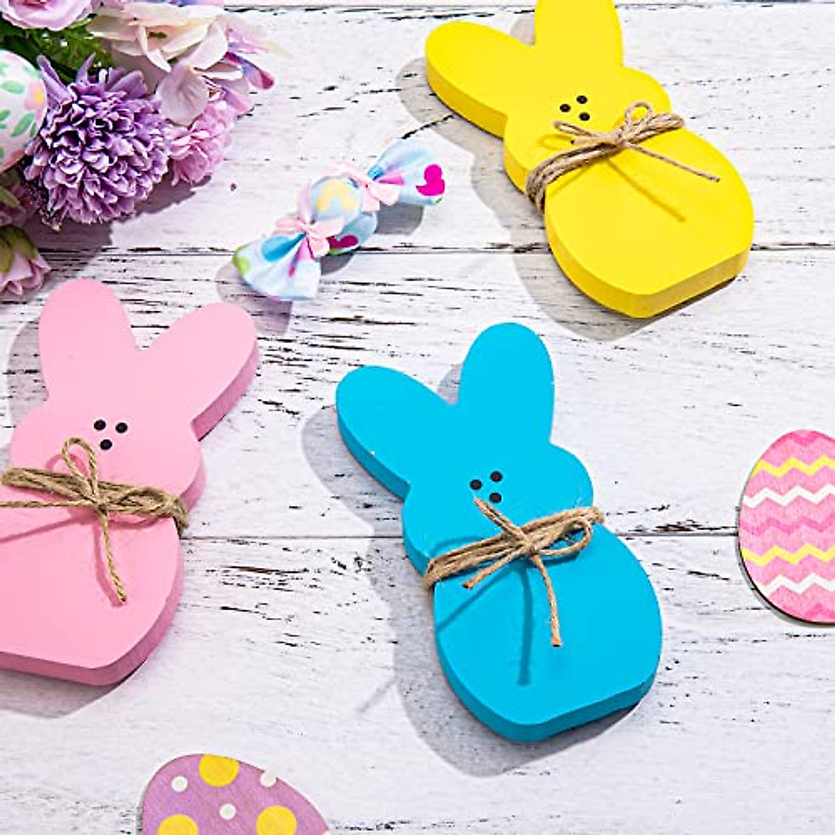 Whaline 3Pcs Easter Bunny Wood Sign Pink Blue Yellow Easter Rabbit Table Centerpiece with 32.8ft Jute Rope Freestanding Bunny Tabletop Tiered Tray Decor for Spring Birthday Home Farmhouse Party