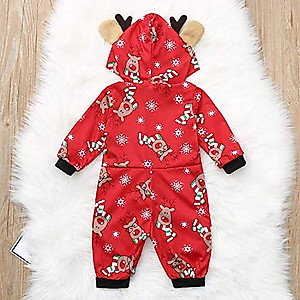 Matching Family Christmas Pajamas Sets Elk Antler Hooded Romper PJ's Zipper Jumpsuit Loungewear(Women,L)