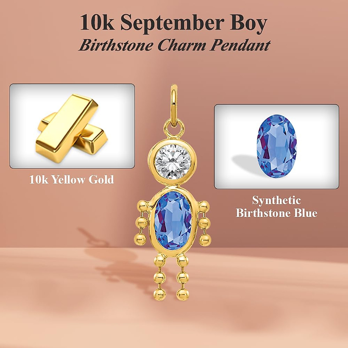 Auriga Fine Jewelry 10K Yellow Gold September Boy Birthstone Charm Pendant for Women (L- 0.79 Inch, W- 0.4 Inch)