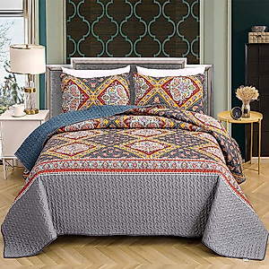 Autumn Dream Bedspread Quilt Sets Reversible 3 Pieces Coverlet Set, Yellow Grey Vintage Gorgeous Paisley Pattern Bedspread,Queen Size