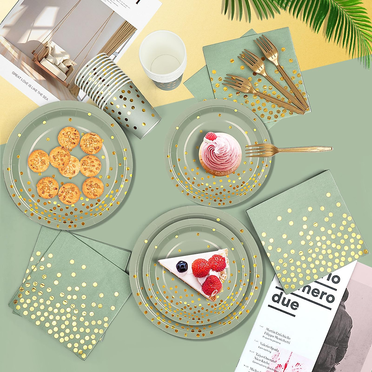 Etsutomy Sage Green Party Supplies, 127PCS Sage Green Paper Plates Napkins Cups Forks Disposable Dinnerware Set Serves 25 Guests, Sage Green Party Decorations for Wedding Baby Shower