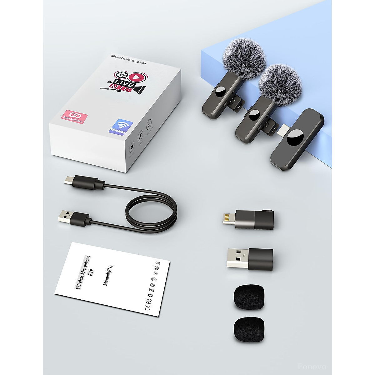 Ponovo Lavalier Microphone for USB C Android Phone, Wireless Mini Lapel Mic Compatible with iPhone 15 (USB-C), Dual Clip on Lav Mic Lasting 12H for Video Recording YouTube Vlog Tiktok Livestream