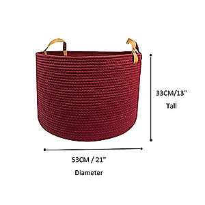 ICEBLUE HD XXL Rope Laundry Basket Woven for Toys Blankets,Storage Basket with leather handles 21"X13" -Burgundy