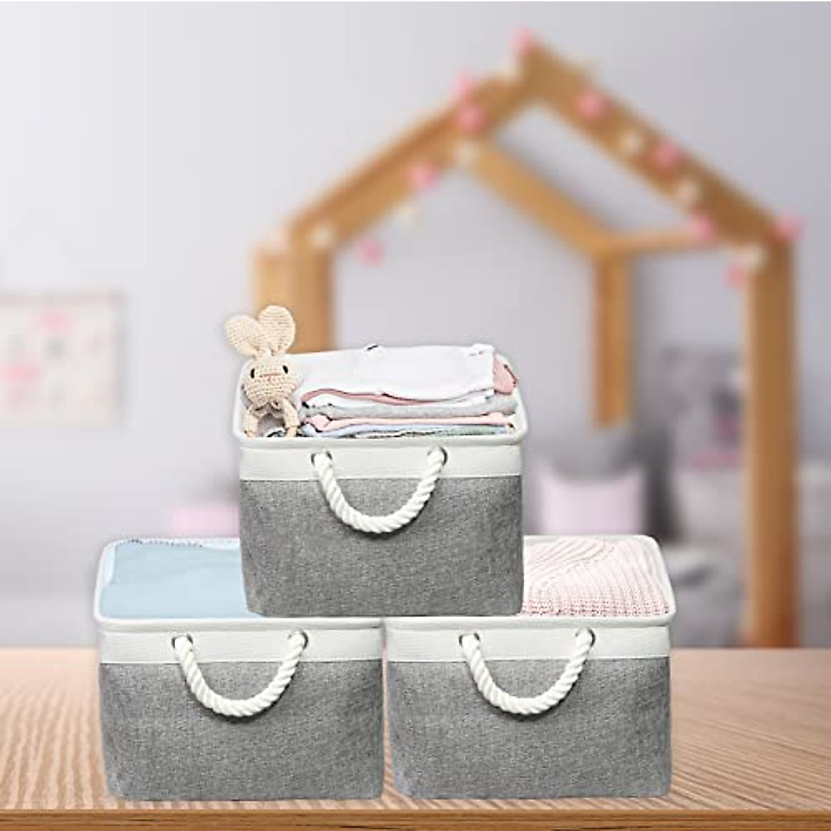 Simple Houseware 3 Pack Grey Fabric Storage Bin with Braided Handles