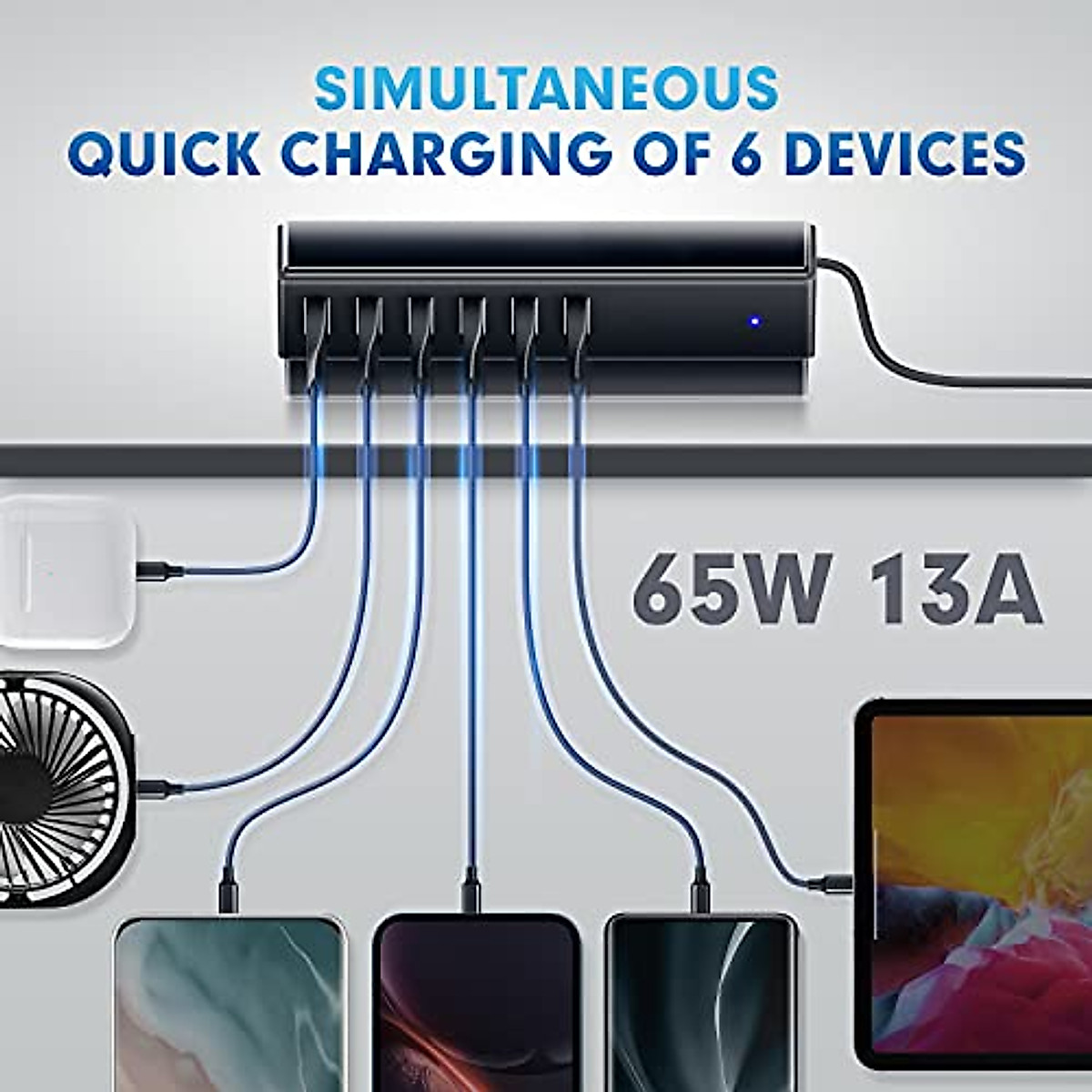 USB Car Charger, 6-Port Fast 65W Car Charger Cigarette Lighter Adapter DC with Smart Identification Compatible with iPhone, Android, Tablet and Other USB Devices