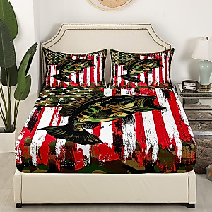Camo Pike Fish Bed Sheet Set Camouflage American Flag Bass Big Fish Fitted Sheet Fishing and Hunting Bedding Set Fisherman Bedroom Decor Military Bed Cover Queen Size with 2 Pillow Case