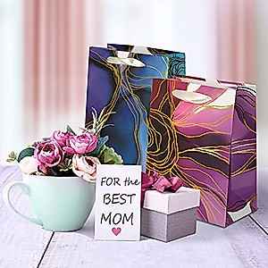 Homeadow Bags - 4 Pcs Assorted Gift Bags, Medium Size (9"x7") - Assorted with 4 Different Designs, Laminated Cardboard, Gold Foil, includes 8 tissue papers - Golden Blossom