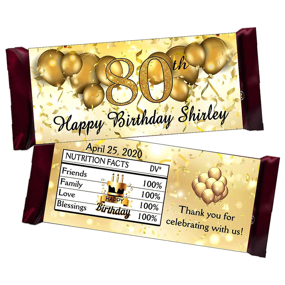 12 ~ GOLD 80th BIRTHDAY CHOCOLATE CANDY BAR WRAPPERS BIRTHDAY PARTY FAVORS PERSONALIZED
