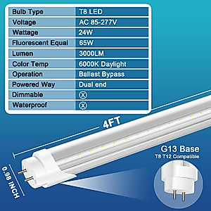 Marxlait 4 Pack T8 LED Bulbs 4 Foot, 24W 3000LM, 6000K Daylight, Ballast Bypass, Dual Ended Powered Type B Light Bulbs, LED Fluorescent Tube Replacement T8 T12, Non-dimmable