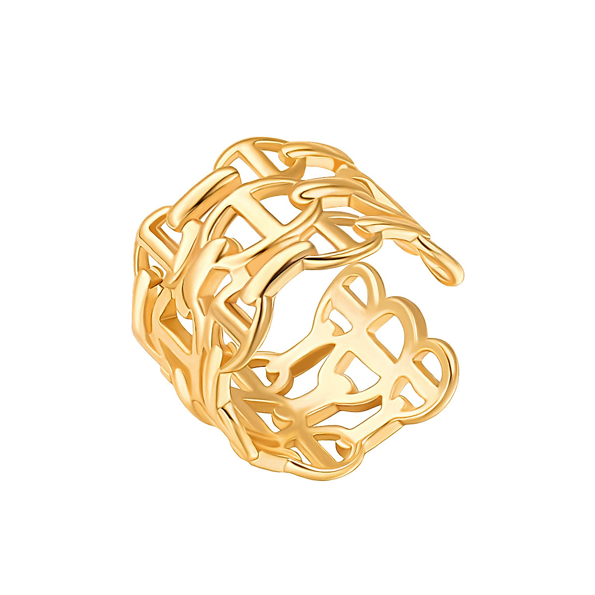 Aobei Pearl 18K Gold 3-Row Chunky Band Ring Mariner Anchor Chain Ring for Women Statement Pig Nose Link Open Rings Adjustable Thumb Knuckle Finger Jewelry for Her