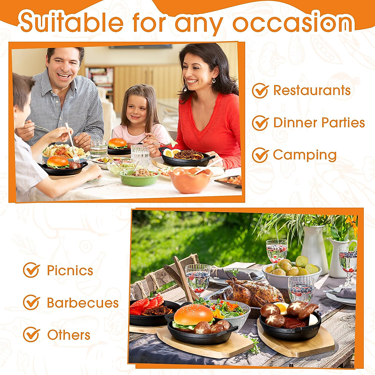 Mifoci 6 Sets Mini Cast Iron Skillets,oval Fajita Plates with Wooden Base Dish Tray Serving Sizzling Plate for Baking Roasting Cooking Grilling Appetizer (8.5x6.1x1.7 In)