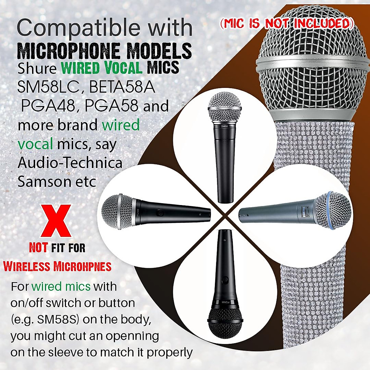 RhymKawa B58 Silver Mic Handle Sleeve Replacement Fit for Most Wired Vocal Microphones and SM58LC, Beta 58A, Rhinestones Cover Shining on Tours & TV Shows (MIC NOT Included)