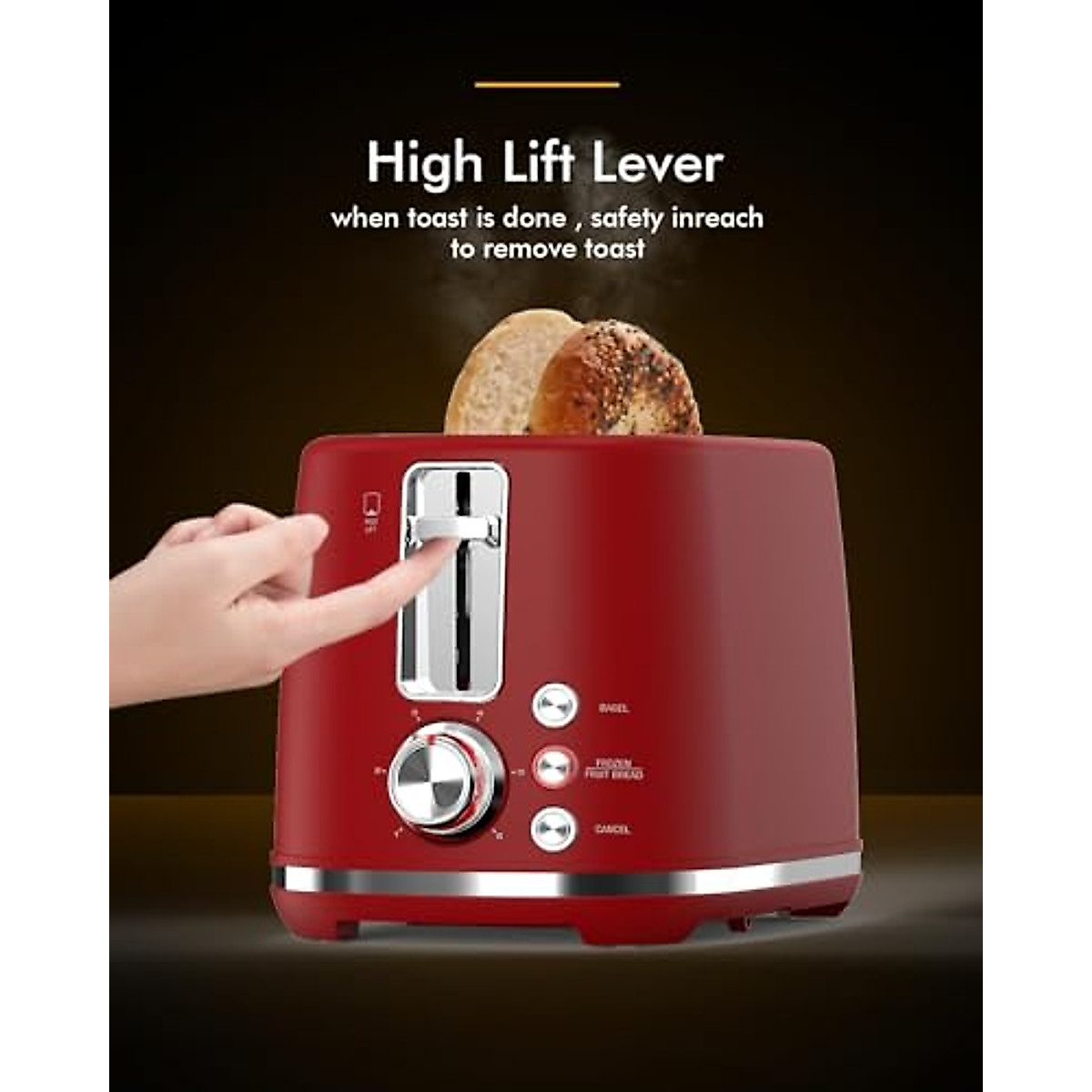 2 Slice Toaster with Extra Wide Slots & Removable Crumb Tray - 6 Browning Options, Auto Shut Off & Frozen Function, Toast Fruit Bread, Bagel & Waffle, Red