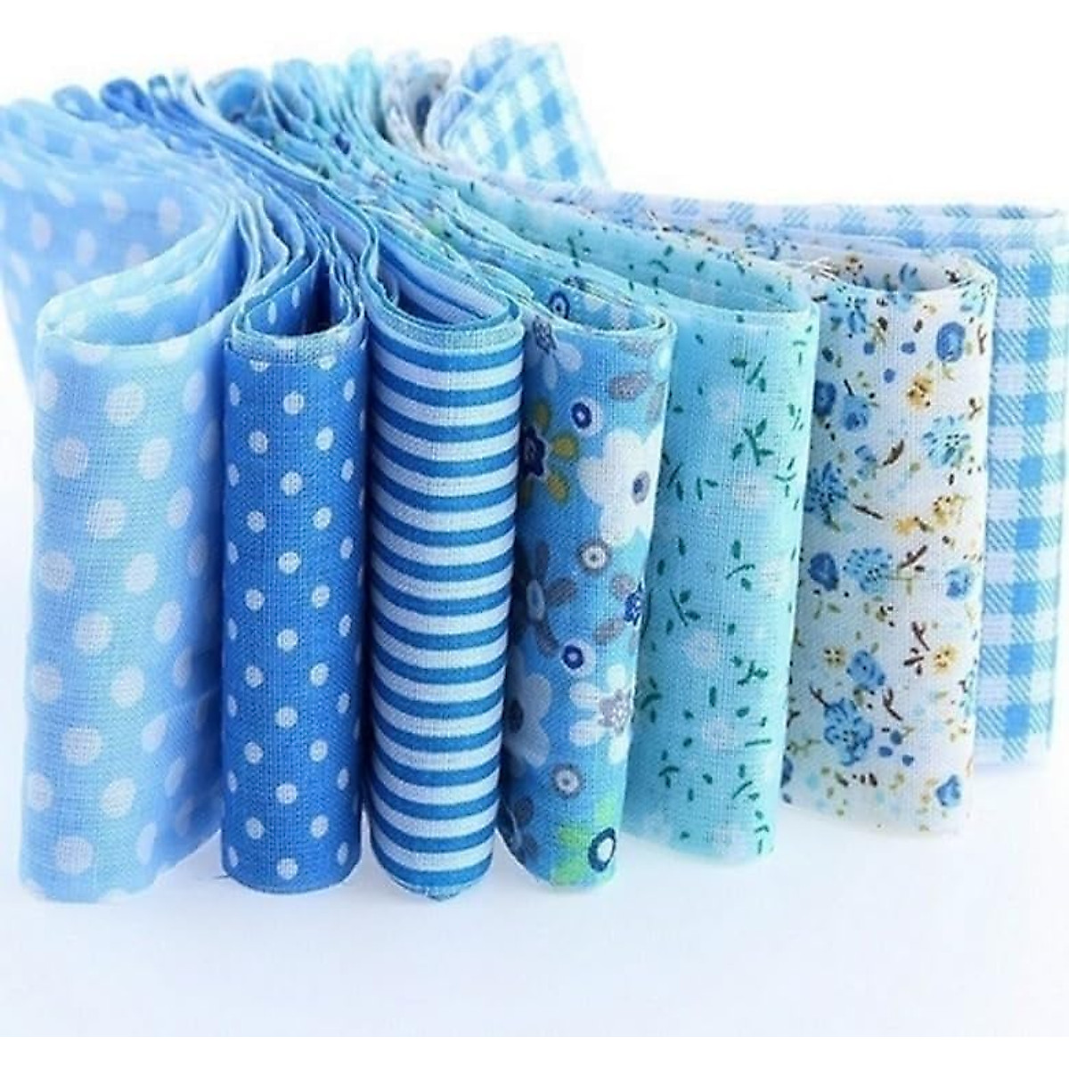7Pcs Blue Cotton Craft Fabric Bundle Squares Patchwork DIY Sewing Scrapbooking Quilting Floral Dot Pattern Craft and Hobby Fabric 10" x 10" (25cm x 25cm)