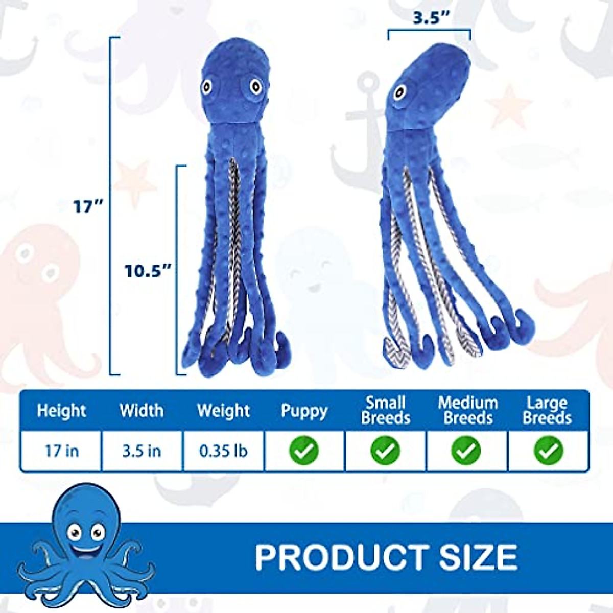 EXPAWLORER Octopus Dog Toy - Long Dog Squeaky Toys Puppy Birthday Gift Soft Stuffed Chew Toy, Crinkle Paper and Built-in Squeaker Durable Interactive Plush Toy for Small Medium Large Dogs, Blue