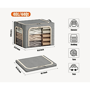 3 Openings Clothes Storage Bins with Metal Frame, Foldable Storage Bin for Clothes, Clothing Storage Bins with Lid, Linen Storage Box With Clear Window＆ Zippers＆ Durable Handles.(3 Pcs,Light Grey,40L)