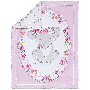 Sammy & Lou Elephant Garden 4-Piece Baby Nursery Crib Bedding Set for Girls, Includes Quilt, Fitted Crib Sheet, Crib Skirt, and Plush Toy