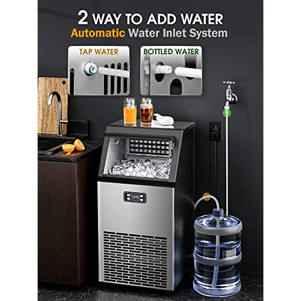 Joy Pebble Commercial Ice Maker Machine,100 lbs/day,33 lbs Basket,2-Way Add Water, Commercial Ice Machine with 7-Gear Ice Thickness,24 Hour Timer,Self Cleaning Ice Maker for Bar,Restaurant,Home,Office