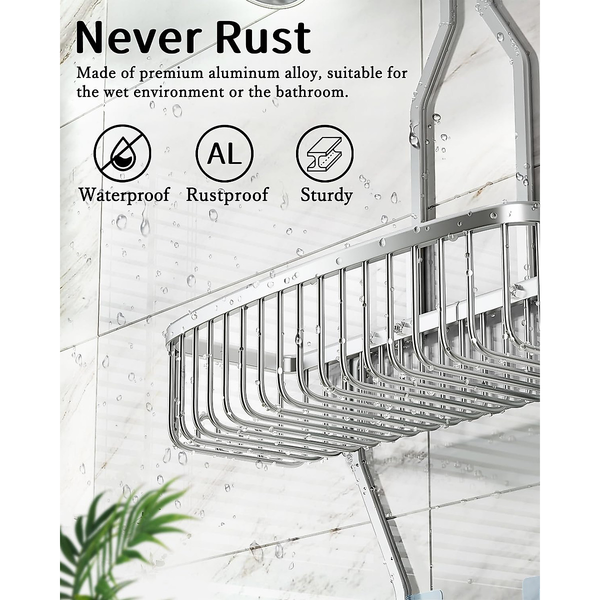 Shower Caddy Hanging Bathroom Organizer: Over Head Long Rack for Tall Showerhead - Extra Large Shelf for Big Shampoo Bottles with Soap Holder