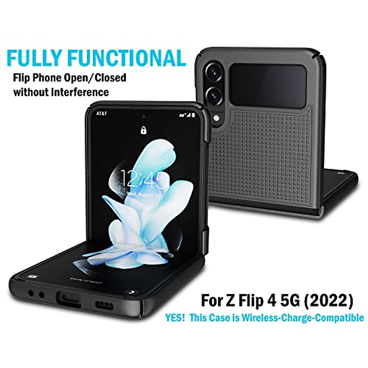 Case with Clip for Galaxy Z Flip 4 5G, Nakedcellphone [Grid Texture] Slim Hard Shell Cover and [Rotating/Ratchet] Belt Hip Holster Holder Combo for Samsung Z Flip4 Phone (SM-F721U, 2022) - Black