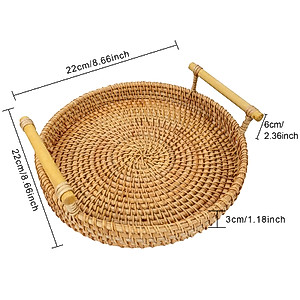Round Rattan Coffee Table Tray with Handles - Woven Basket Food Decorative Tray ，Handmade Rattan Serving Tray with Handles ，Adorable Natural Bamboo Tray for Ottoman Coffee Table (Small/8.7 inch)