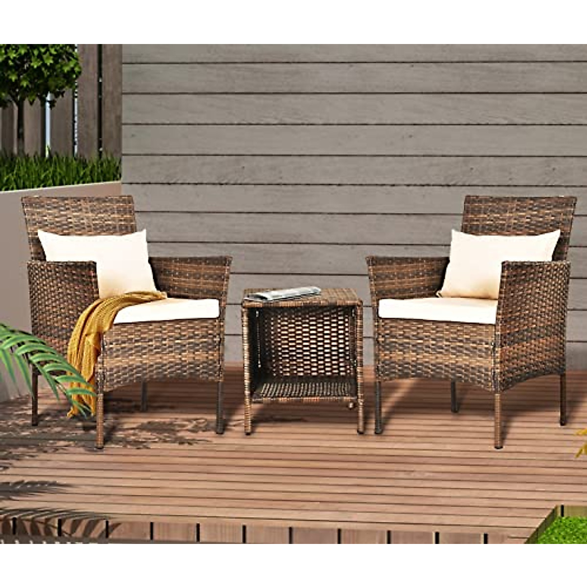 Patio Porch Furniture Sets 3 Pieces Rattan Wicker Chairs with Table and 2 Pillow Outdoor Garden Furniture Sets Conversation Chair Set