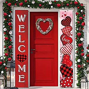 2 Pcs Valentine's Day Door Banner Decoration Valentine Hanging Front Porch Welcome Sign Red Buffalo Plaid Love Heart Banner Romantic for the Home Wall School Office Indoor Outdoor Party Supplies Decor