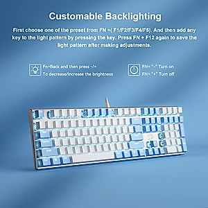 Superbcco Mechanical Gaming Keyboard, LED Backlit Wired Computer Keyboard with Clicky Blue Switches for Windows Gaming PC, 108 Anti-Ghosting Keys, QWERTY, Compact, Aluminum Base for Gamer (Blue)