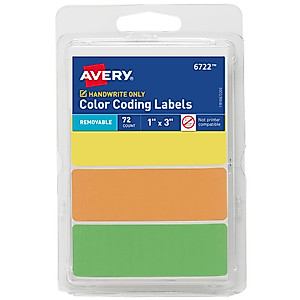 Avery Rectangular Color Coding Labels, 1 x 3 Inches, Assorted, Removable, Pack of 72 (06722)