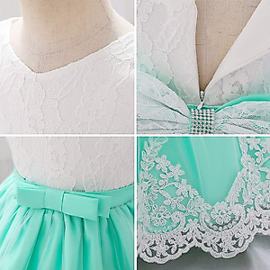 Lace Girls Flower Dress Baby Kids Christening Formal Vintage Floral Wedding Party Evening Toddler Pageant Bowknot Tutu First Communion Baptism Birthday Gown Dresses+Headwear Light Green 9-12 Months
