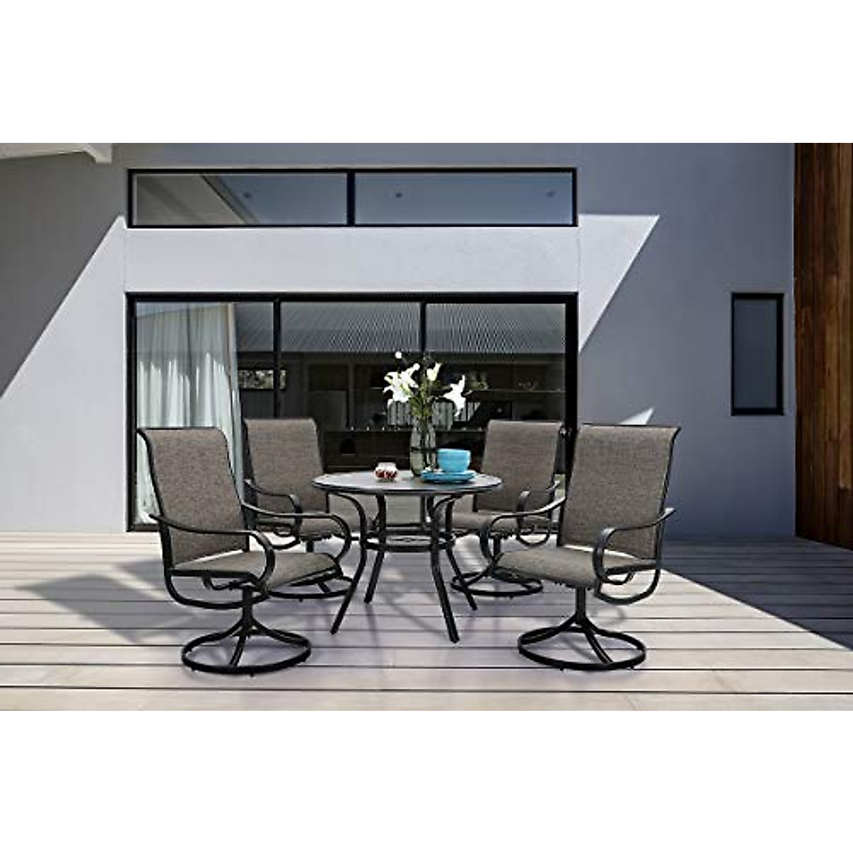 PHI VILLA Patio Dining Set 5 Piece, 4 Swivel Patio Chairs and 1 Round Metal Table with 1.57" Umbrella Hole, All Weather Resistant for Lawn Garden