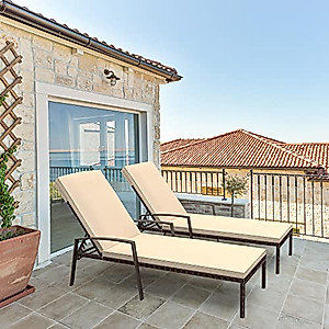 Pamapic Patio Lounge Chair Set 2 Pieces, Patio Chaise Lounges with Removable Cushion, PE Rattan Steel Frame Lounge Chair Set for Patio Backyard Porch Garden Poolside (Beige)