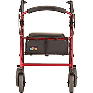NOVA Zoom Rollator Walker with 22” Seat Height, Rolling Walker with Locking Hand Brakes, Padded Seat and 8” Wheels, Color Red