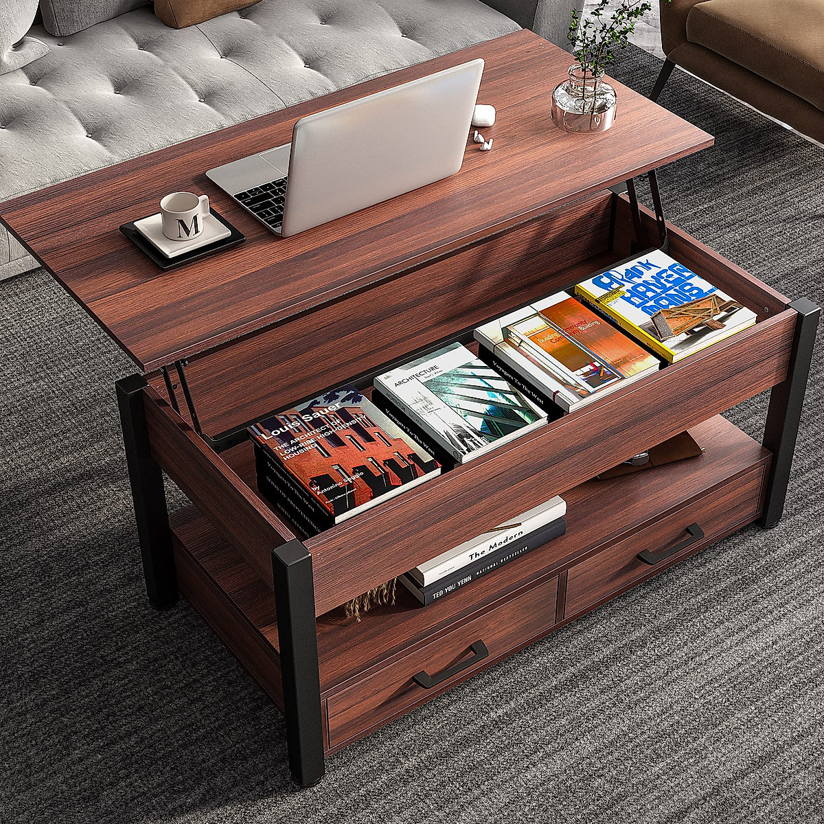 Osfvolr Lift Top Coffee Table, Coffee Table with Storage Drawers and Adjustable Metal Legs, Vintage Wood Living Room Tables with Hidden Compartment and Open Shelf, Espresso