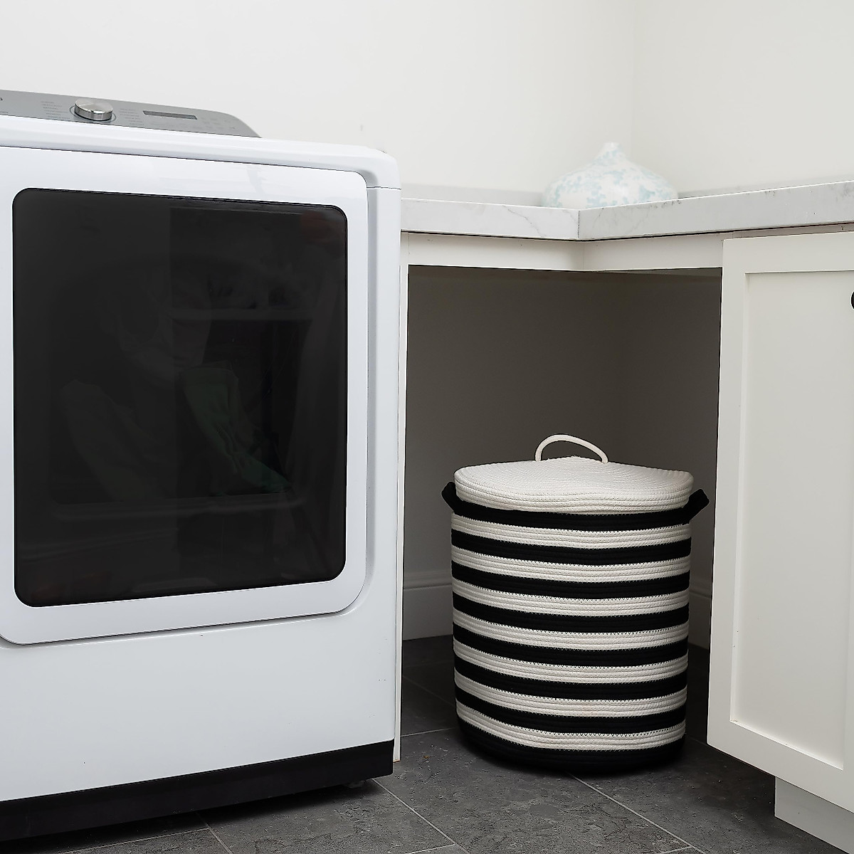 17 x 16in Large Striped Cotton Blanket Basket with Lid - Perfect for Toy Storage, Clothes Hamper, & Laundry Basket, Woven Baskets for Nursery Decor and Baskets for Organizing, Black and White