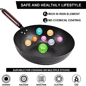 Leidawn 12.8" Carbon Steel Wok - 11Pcs Woks and Stir Fry Pans with Wooden Handle and Lid,10 Cookware Accessories,For Electric,Induction and Gas Stoves