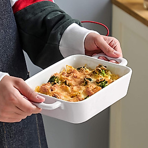 Foraineam 6 Pieces Bakeware Set, White Porcelain Souffle Dishes Creme Brulee Ramekins, 6-1/4 x 4-3/4 inch Rectangular Baking Pans with Double Handles