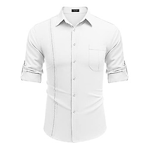 COOFANDY Guayabera Shirts for Men Long Sleeve Cuban Beach Shirts Casual Linen Button Down Shirts White